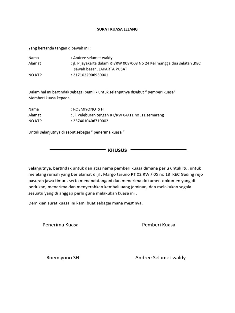 Surat Kuasa Lelang | PDF