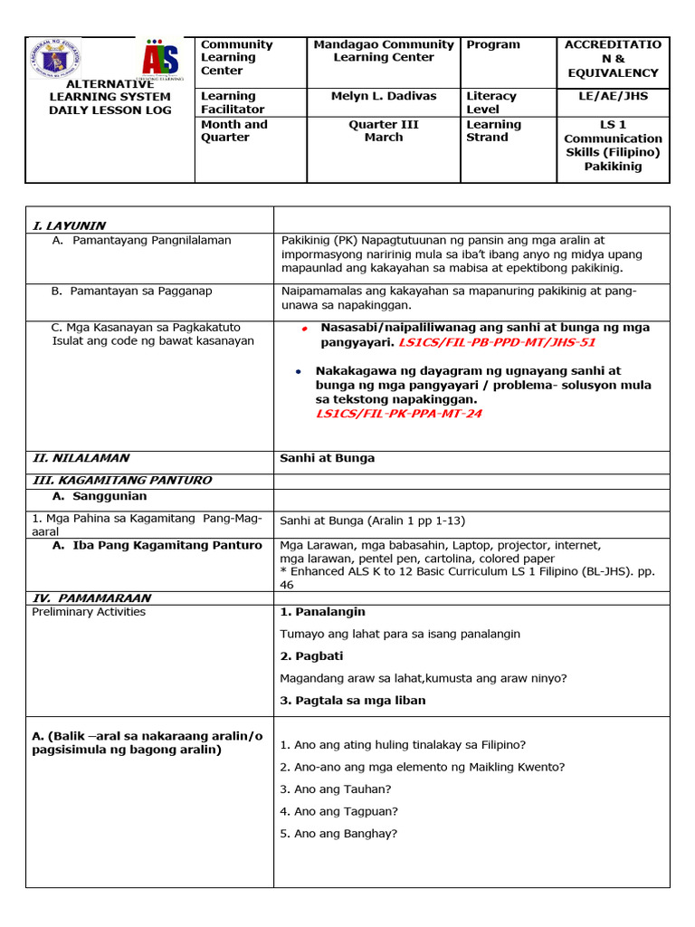 LS1 Fil. LESSON PLAN (Sanhi at Bunga) FINAL | PDF