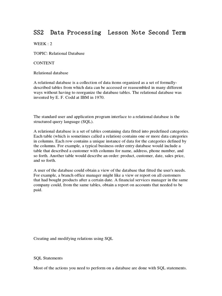 SS2 Data Processing Lesson Note Second Term | PDF | Relational Database | World Wide Web