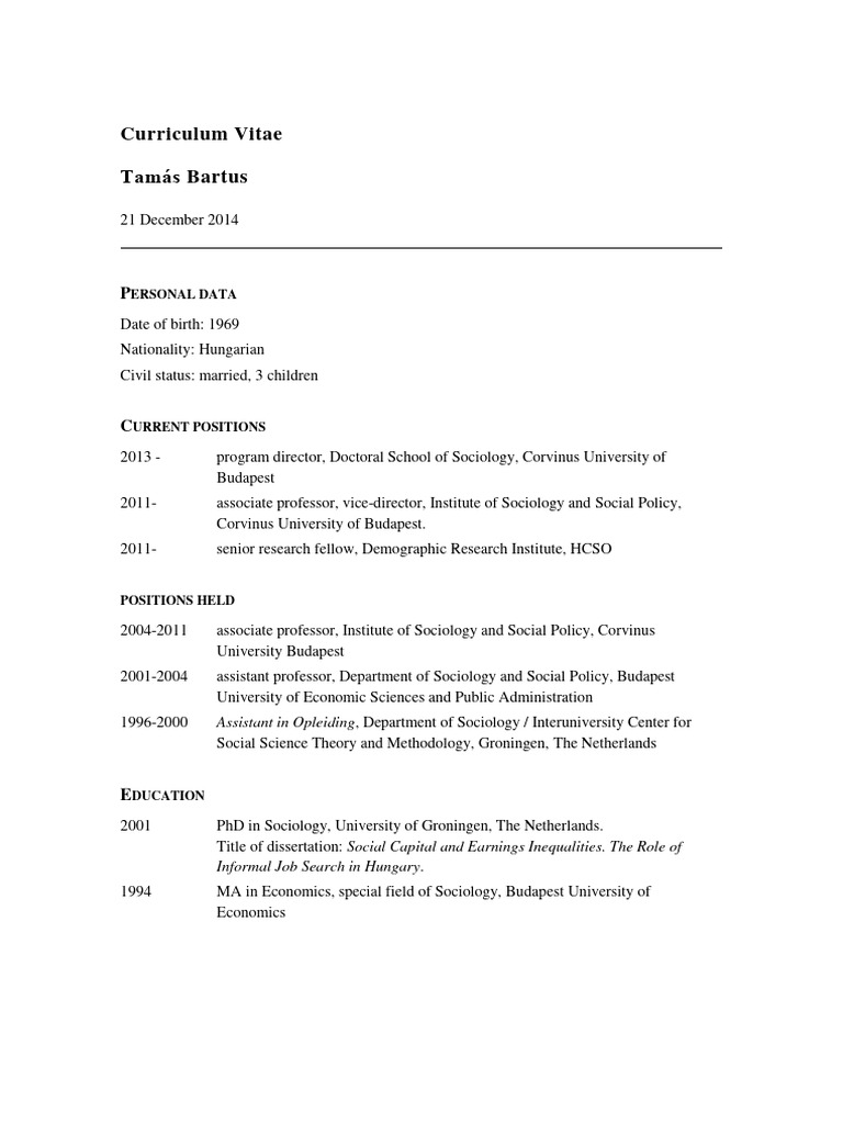 Bartus CV en | PDF | Hungary | Sociology
