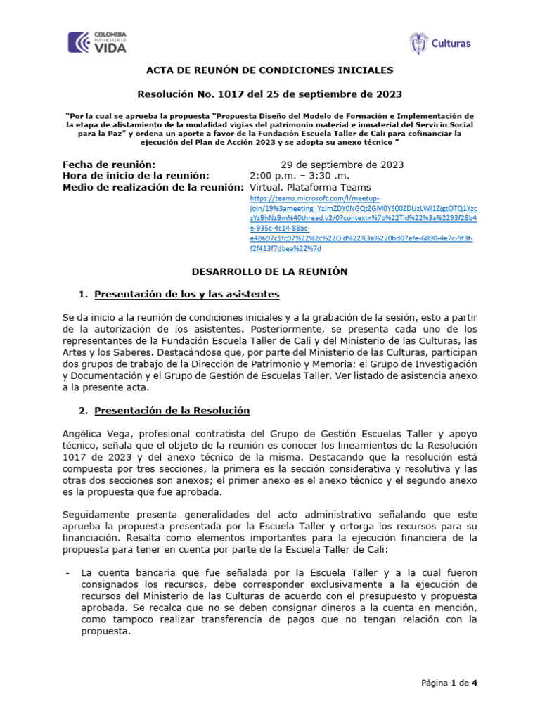 Acta Reunion Condiciones Iniciales Resolución 1017 de 2023 FET Cali | PDF | Presupuesto