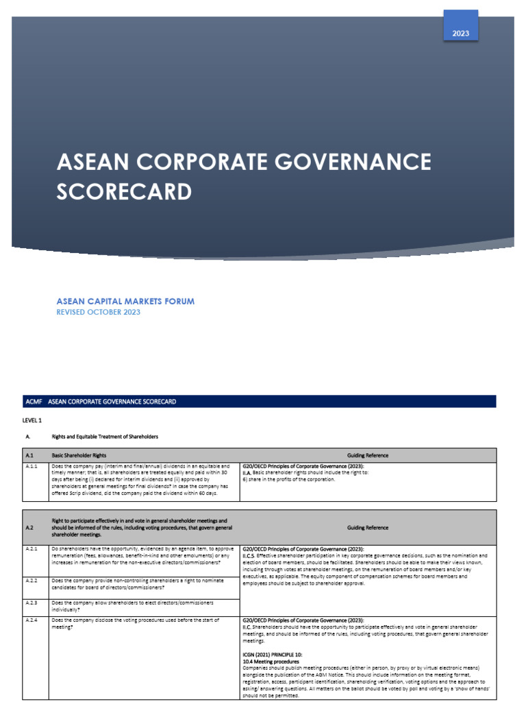 ASEAN Corporate Governace Scorecard Revised 2023 | Download Free PDF ...