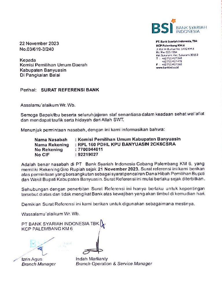 Surat Referensi Bank Kpu Banyuasin | PDF