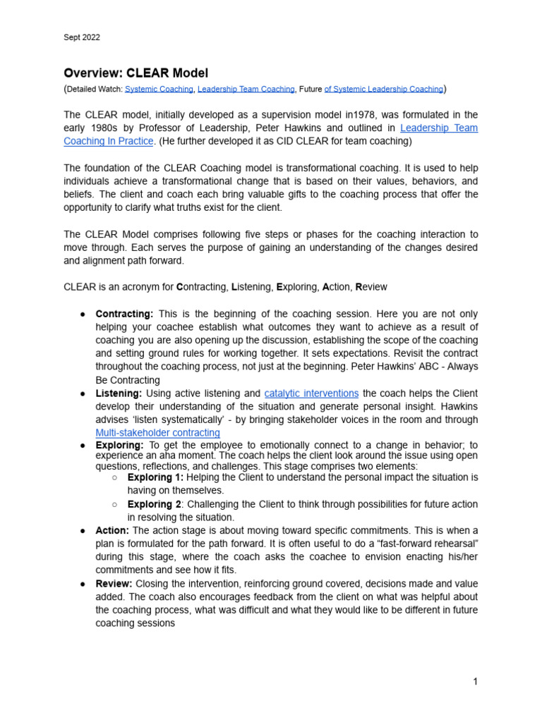Overview of CLEAR Model by Peter Hawkins | PDF | Goal | Leadership