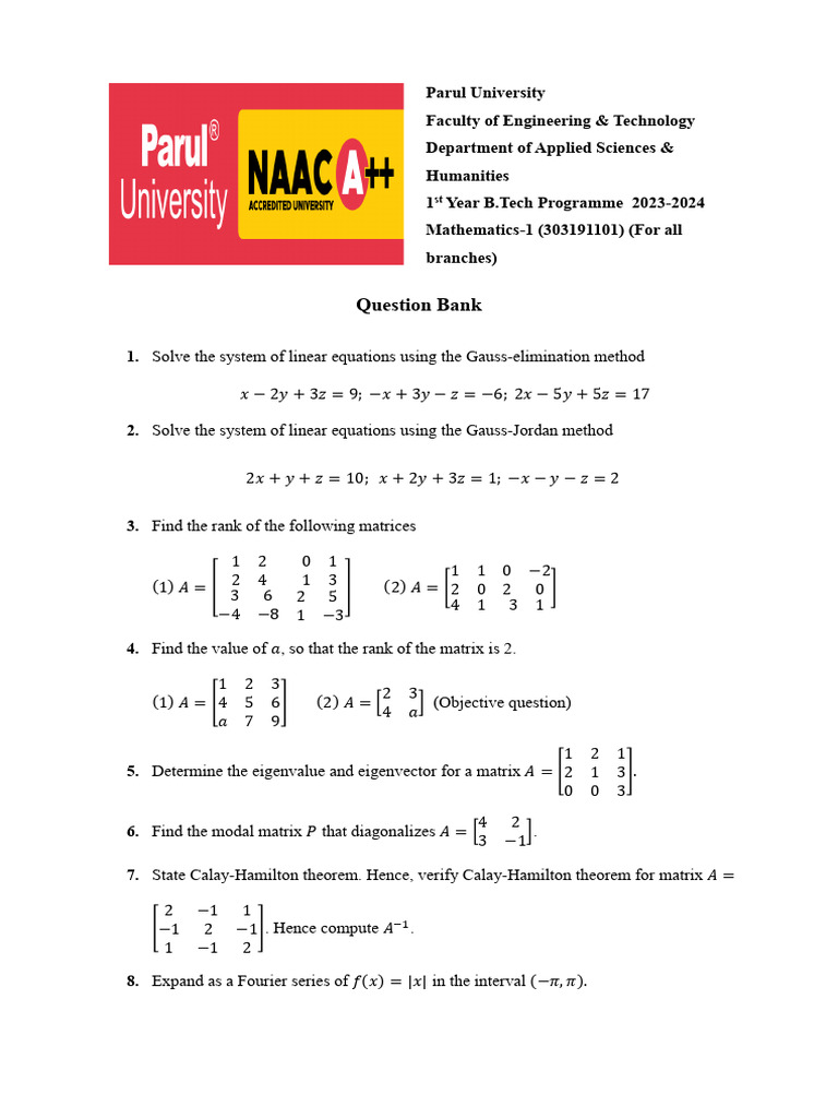 Question Bank - SEM 1 - Mathematics 1 | PDF | Matrix (Mathematics ...