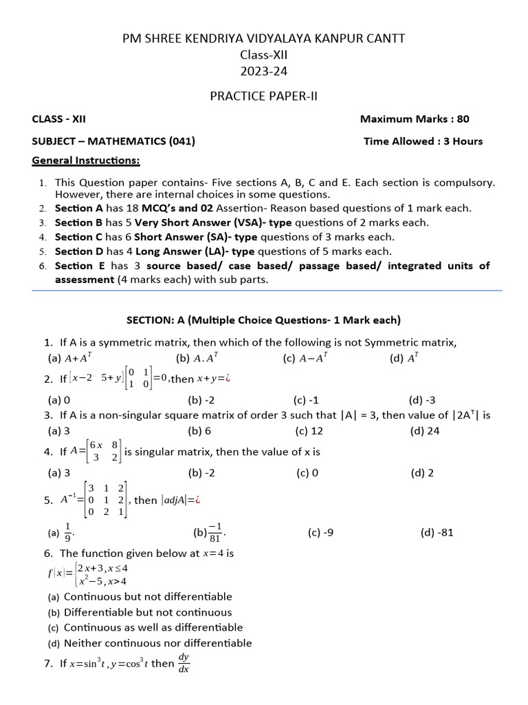 Math Practice Paper 2 Kvkc Qp | PDF | Functions And Mappings | Mathematical Concepts