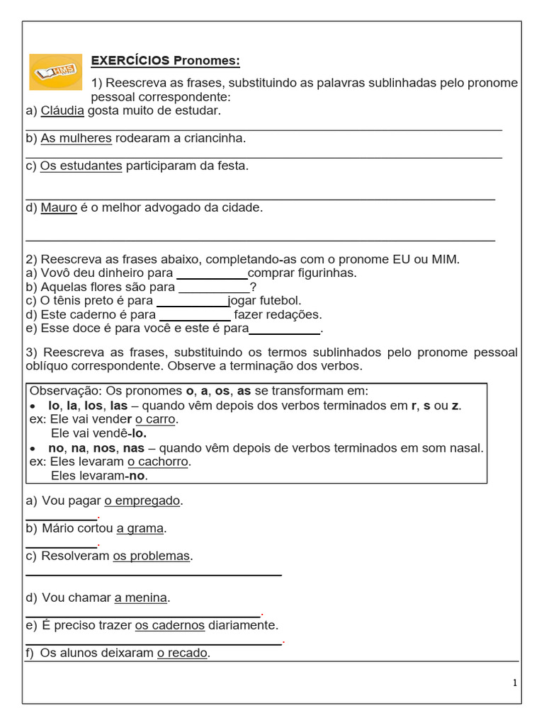 Exercícios Pronomes | PDF | Pronome | Sintaxe