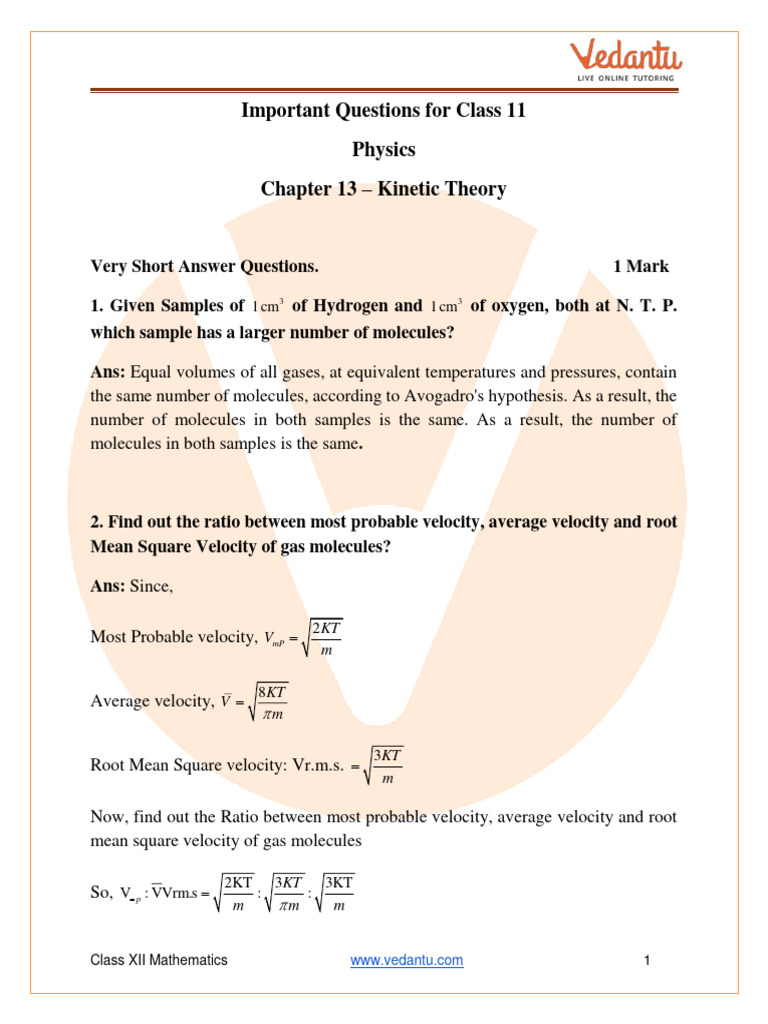 CBSE Class 11 Physics Chapter 13 - Kinetic Theory Important Questions 2023-24 | PDF | Gases ...