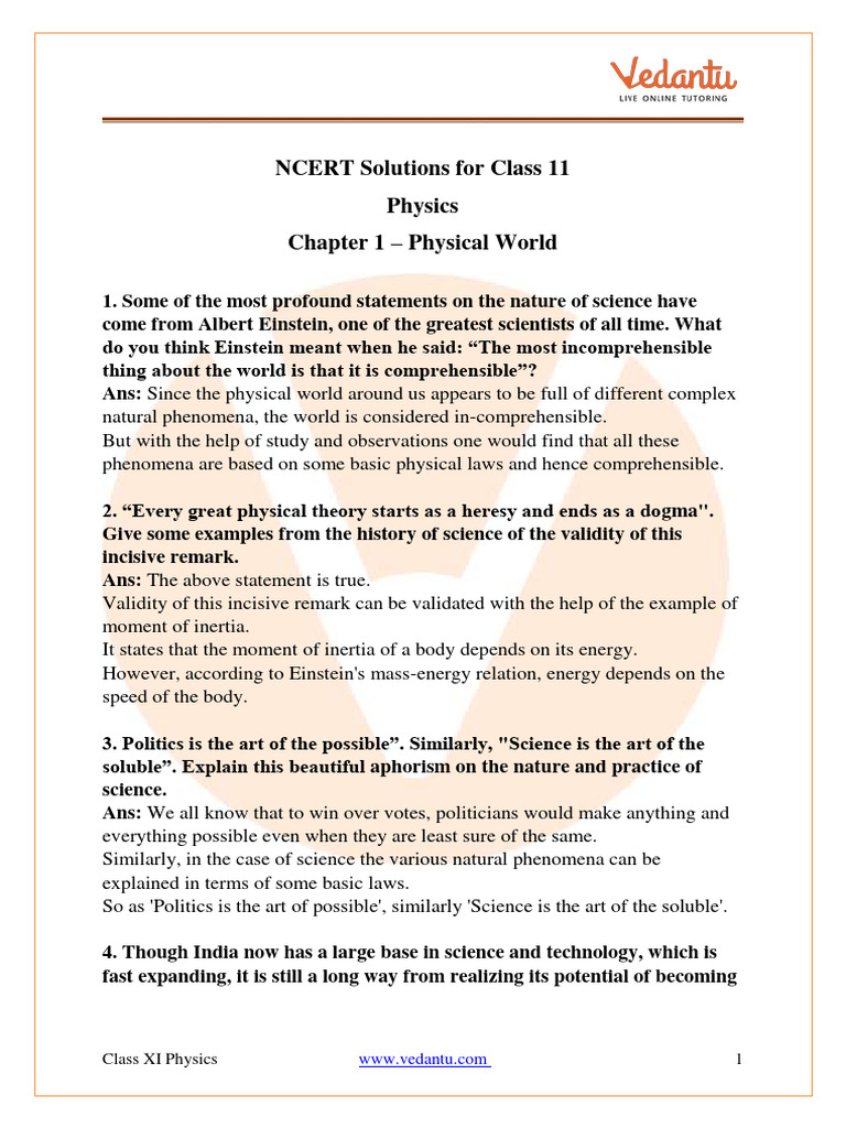NCERT Solutions For Class 11 Physics Chapter 1 - Physical World - . | PDF | Physics | Science