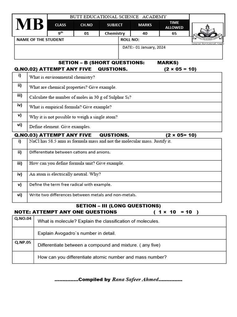 Chem 9th MB Chapter No 01 | PDF | Molecules | Chemical Compounds