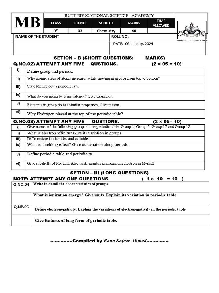 Chem 9th MB Chapter No 03 | PDF | Periodic Table | Chemical Elements