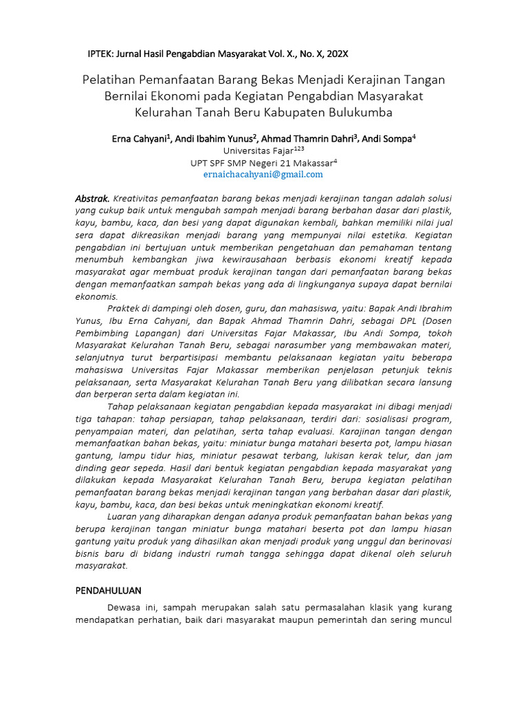 Pelatihan Pemanfaatan Barang Bekas Menjadi Kerajinan Tangan Bernilai Ekonomi Pada Kegiatan ...