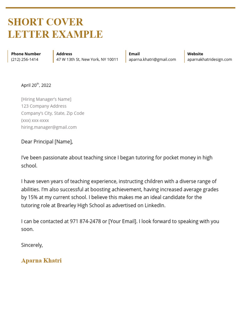 Short Cover Letter Example Tutor | PDF