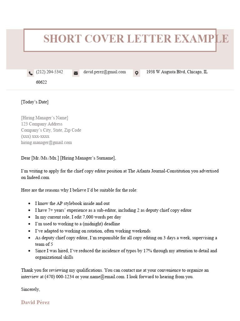 Short Cover Letter Example Copy Editor | PDF | Copy Editing | Résumé