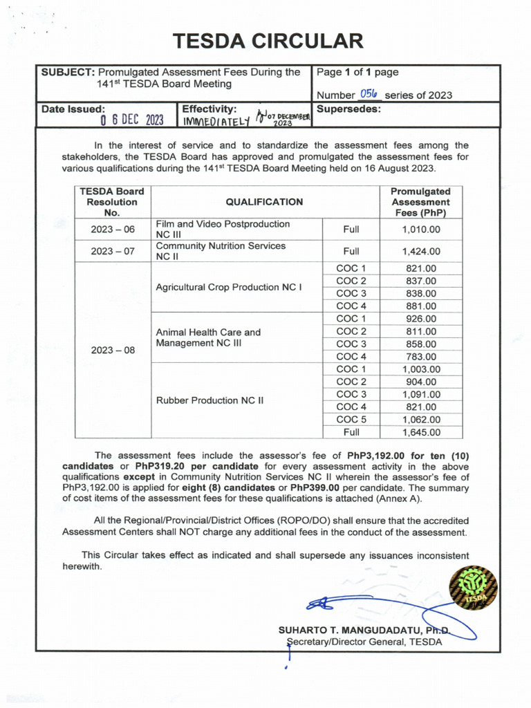 TESDA 2023 Assessment Fees Circular | PDF | Agriculture | Natural Rubber