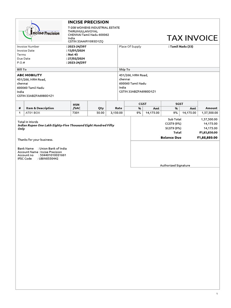 Tax Invoice: Incise Precision | PDF | Taxes | Economy Of Asia