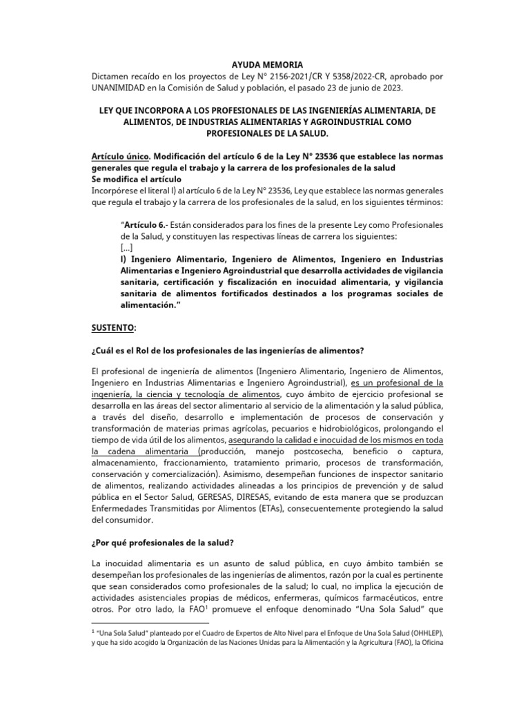 AYUDA MEMORIA - Dictamen PL 2156 y 5358 | PDF | Alimentos | Seguridad ...