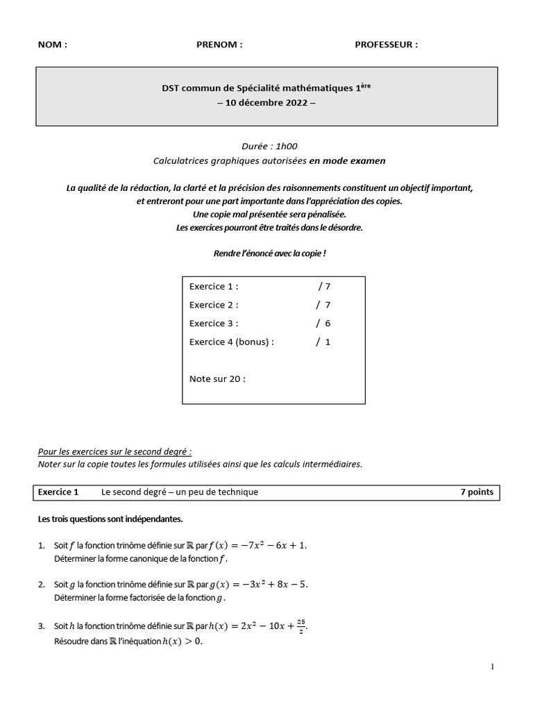 DST Commun Spé Maths - 10 Décembre 2022 | PDF