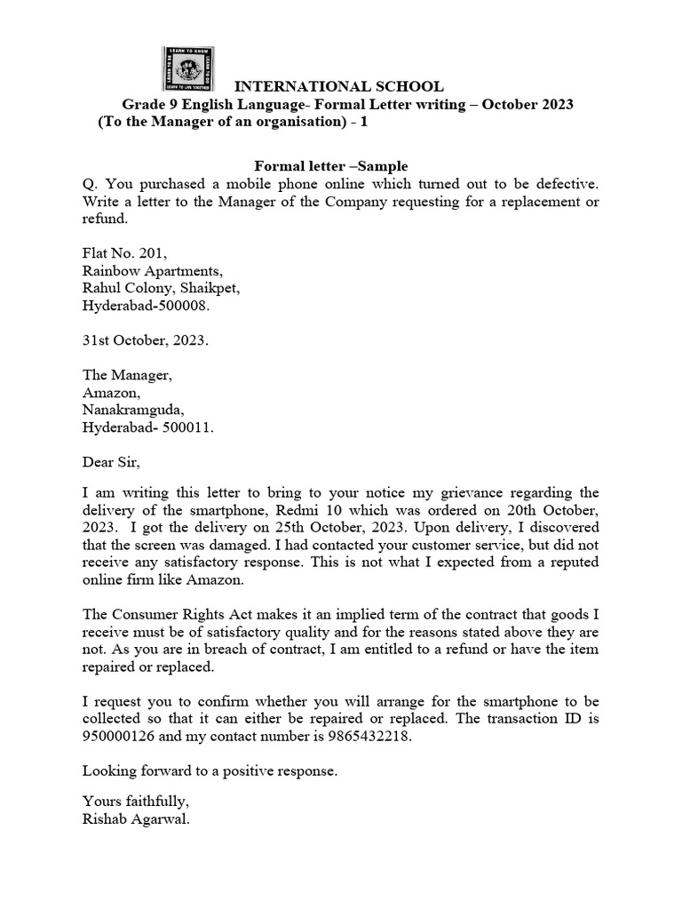 Gr9-Letter To The Manager 1 | PDF