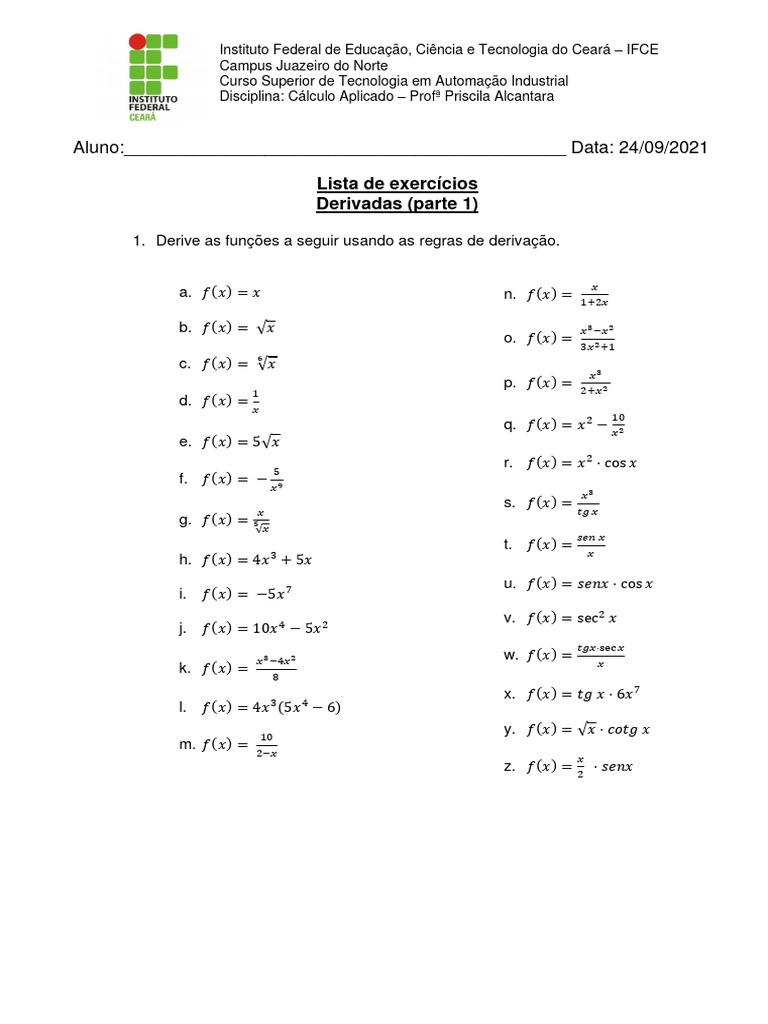 (Derivada) Lista de Exercícios - Estudo Individual | PDF