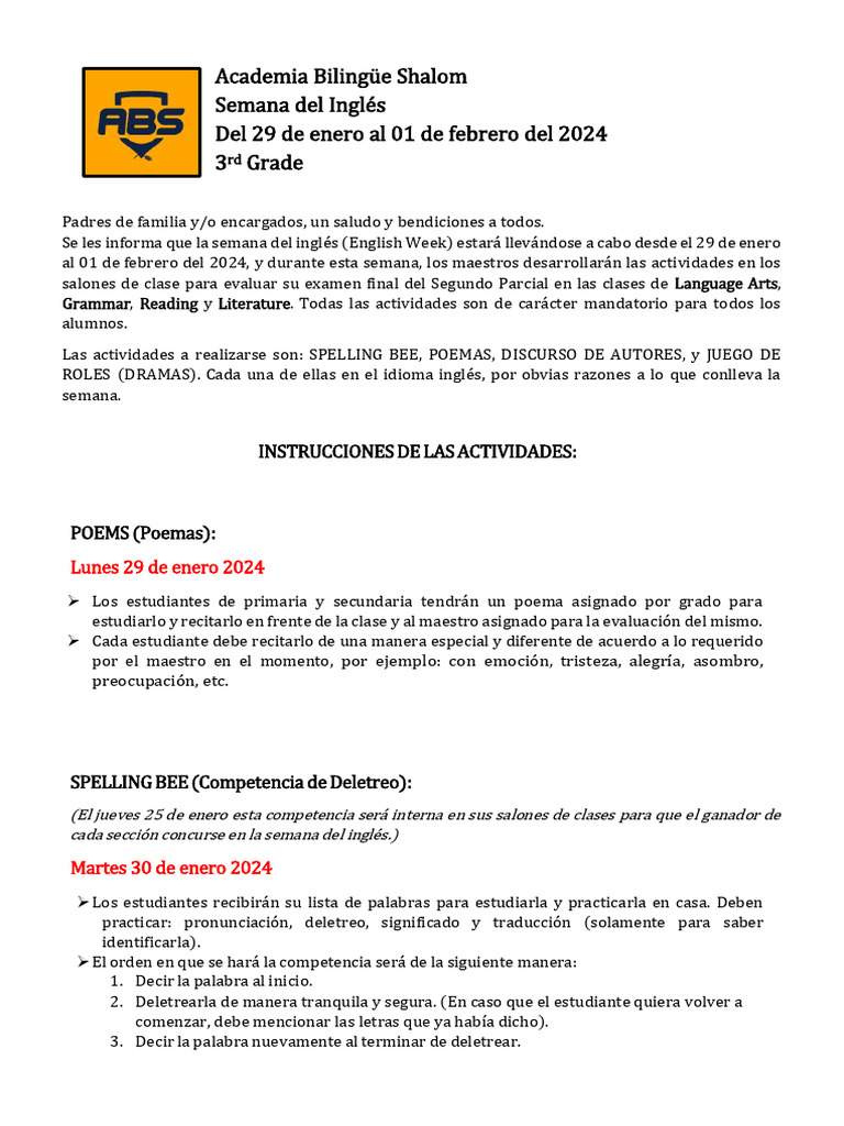 English Week Activities 3rd Grade Pdf