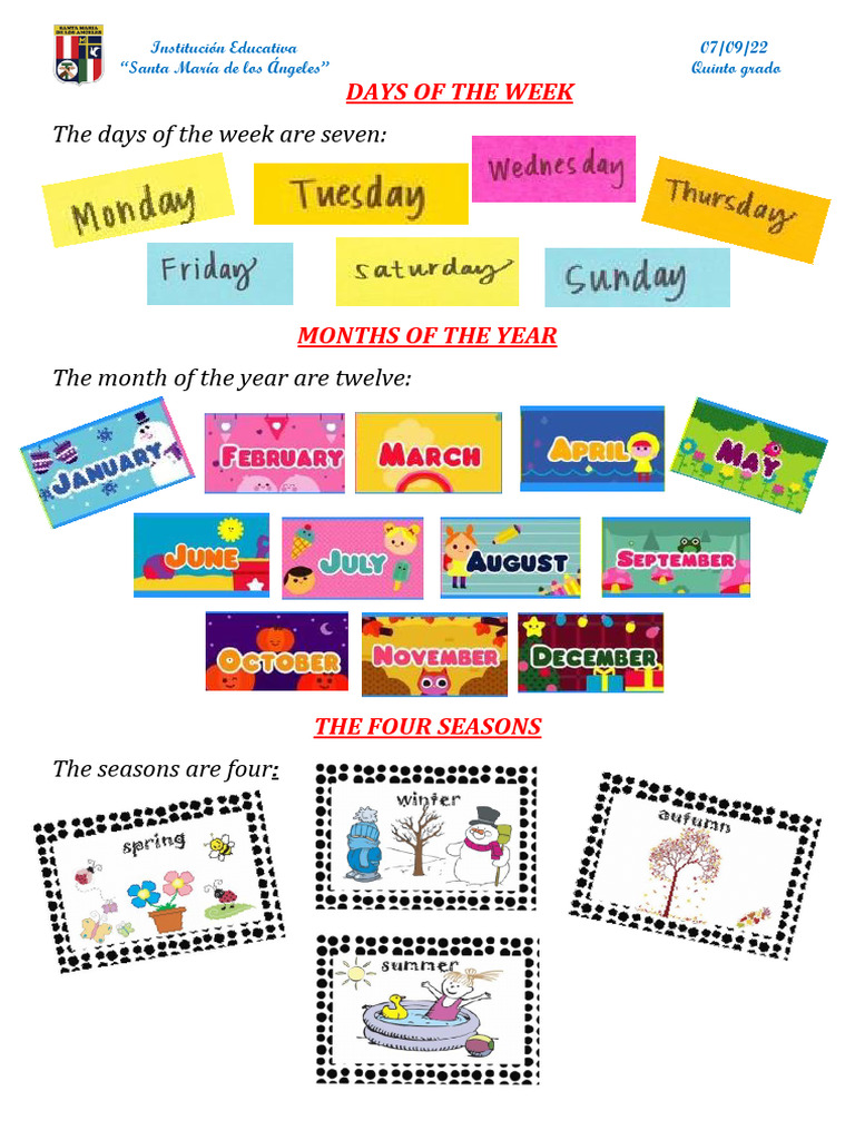 Vocabulario de Días, Meses y Estaciones | PDF
