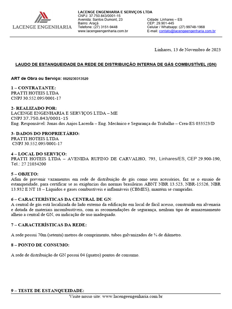 Laudo de Estanqueidade - Pratti Hotéis | PDF | Pressão