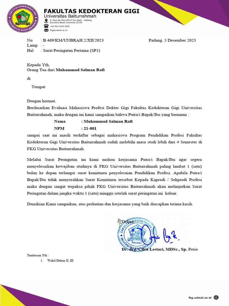 Surat Peringatan Mahasiswa FKG UNBRAH | PDF | Karier & Perkembangan ...