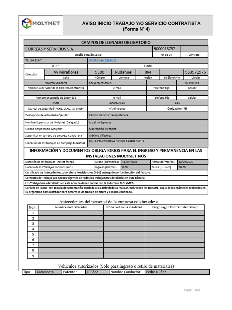 Requisitos de Ingreso a Molymet | PDF