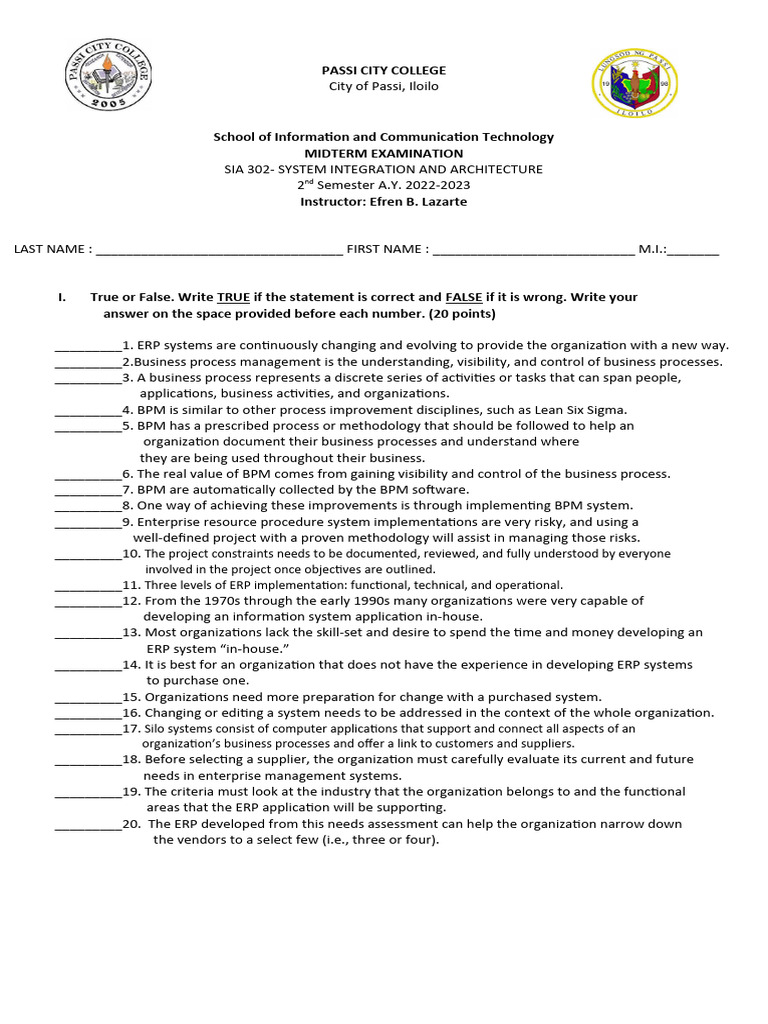 Midterm Exam in Sia 302 | PDF