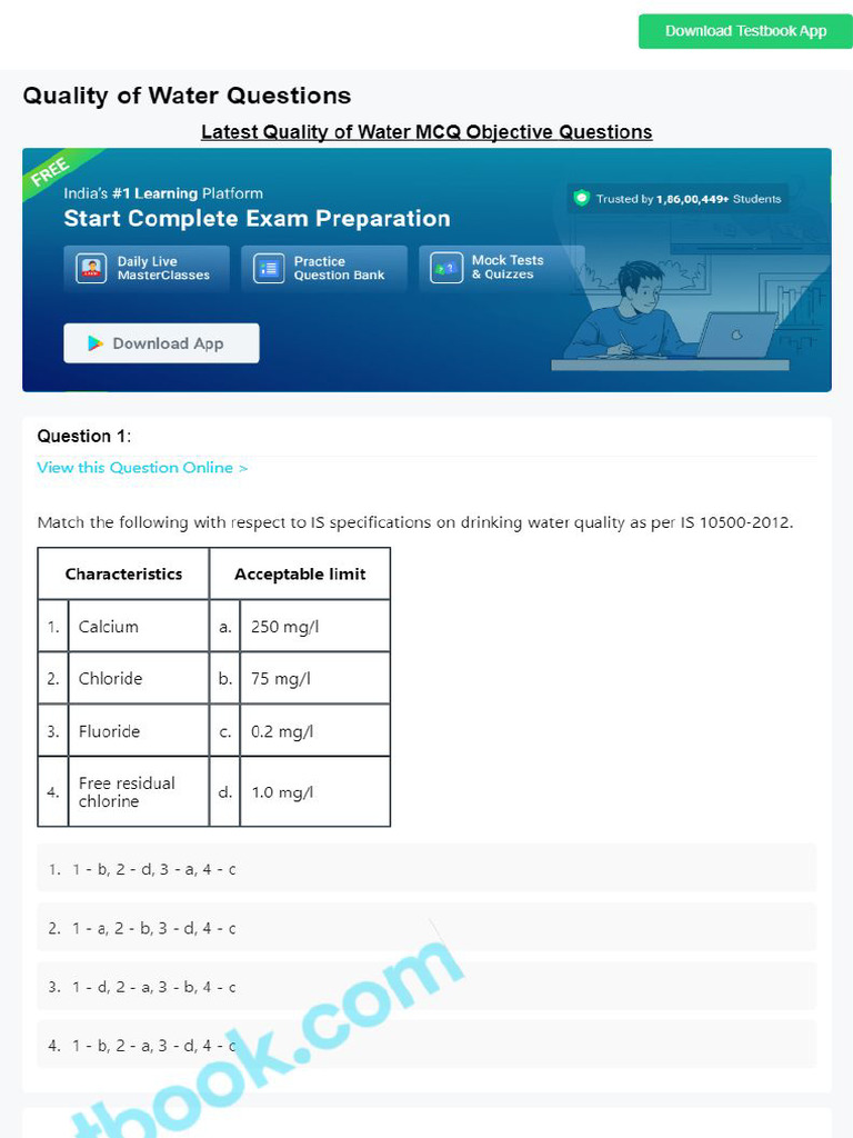 MCQ On Quality of Water 5eea6a0839140f30f369d6e8 | PDF