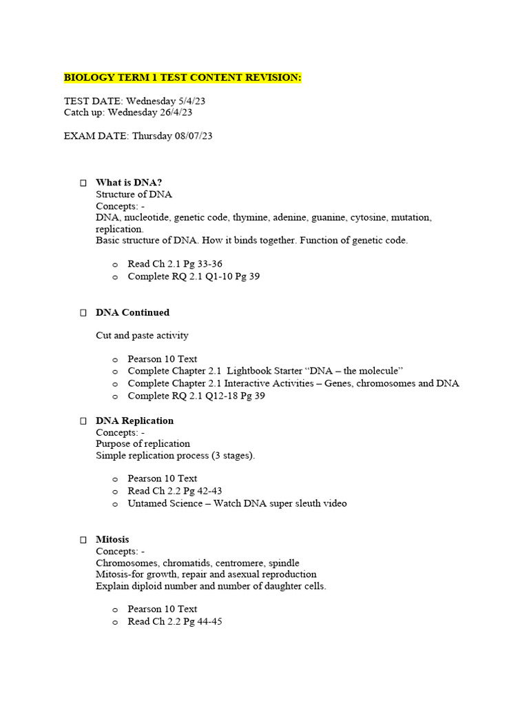 Biology Test Revision Sheet T1 Y10 23 | PDF | Meiosis | Fertilisation