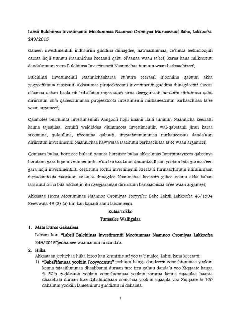 Labsii Lak. 249 2015 Labsii Bulchiinsa Investimentii | PDF