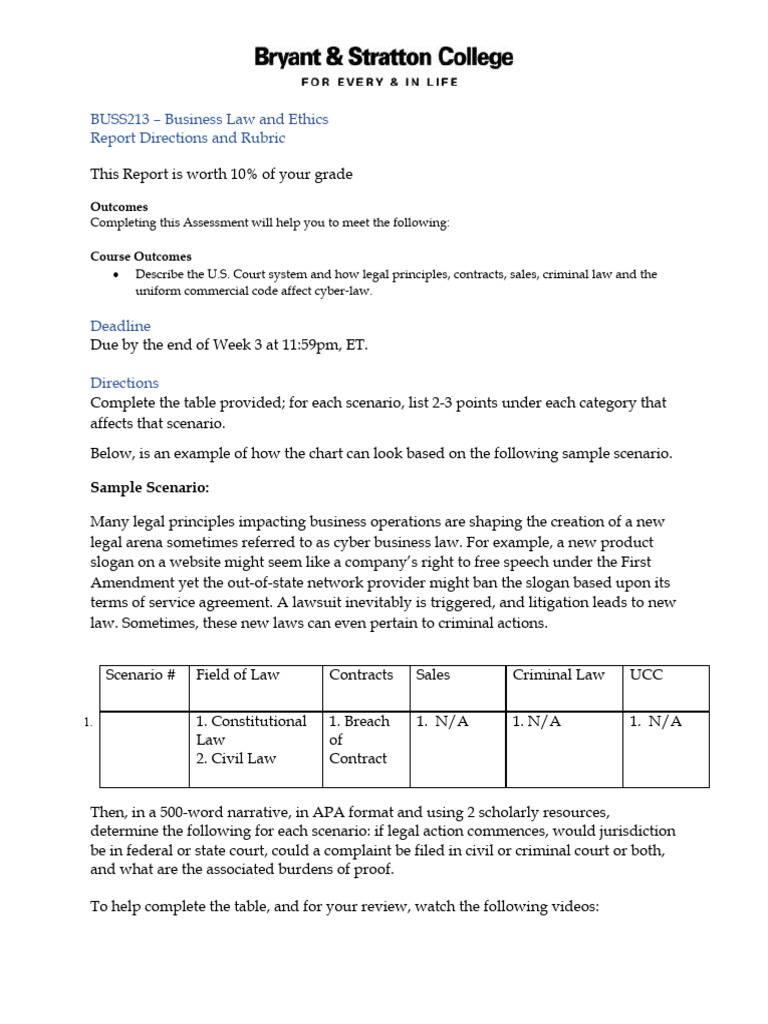 BUSS213 - W3 - Report Directions and Rubric | PDF | Lawsuit | Uniform ...