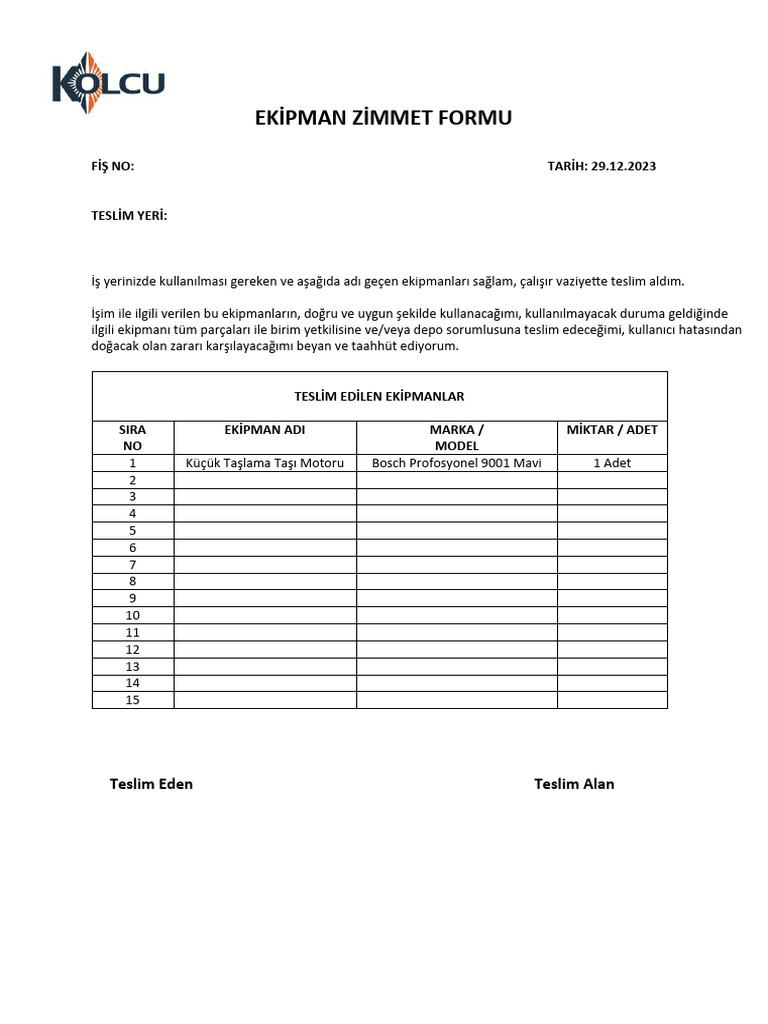 Ekipman Zimmet Formu | PDF