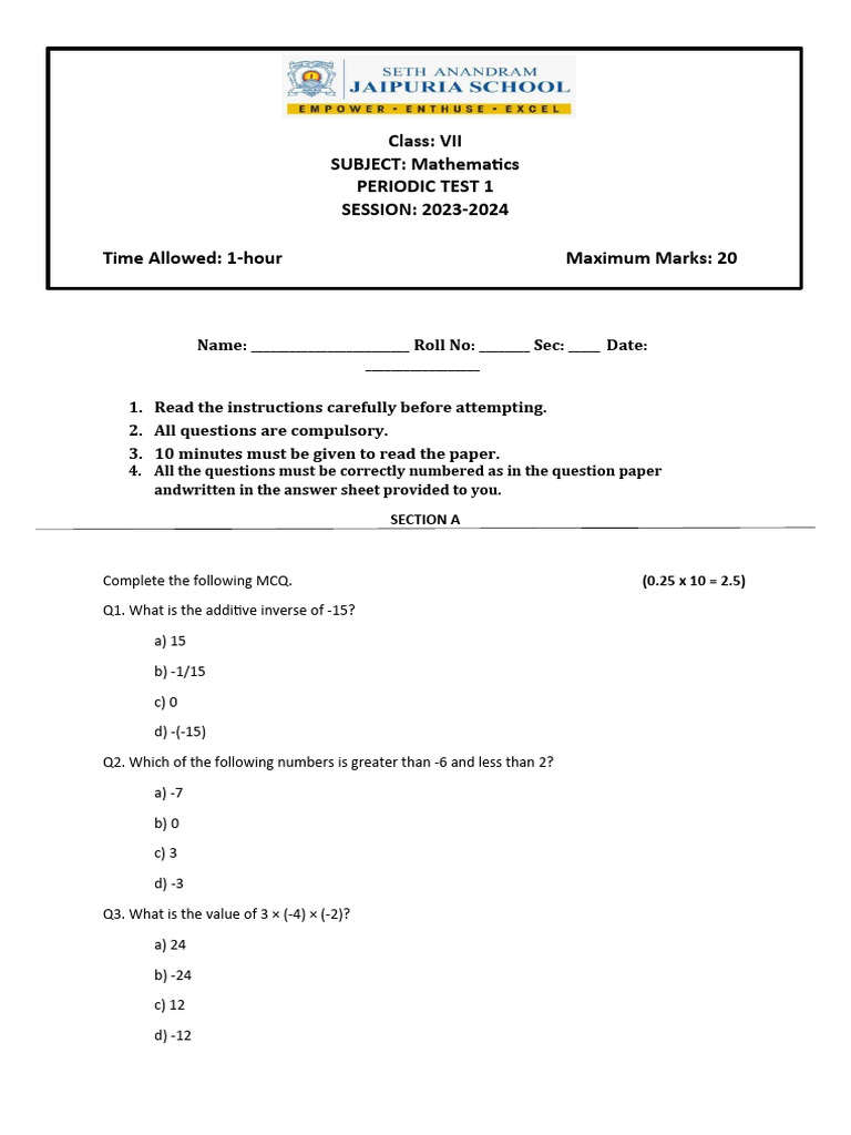 Class VII Math Test 2023-2024 | PDF | Numbers | Elementary Mathematics