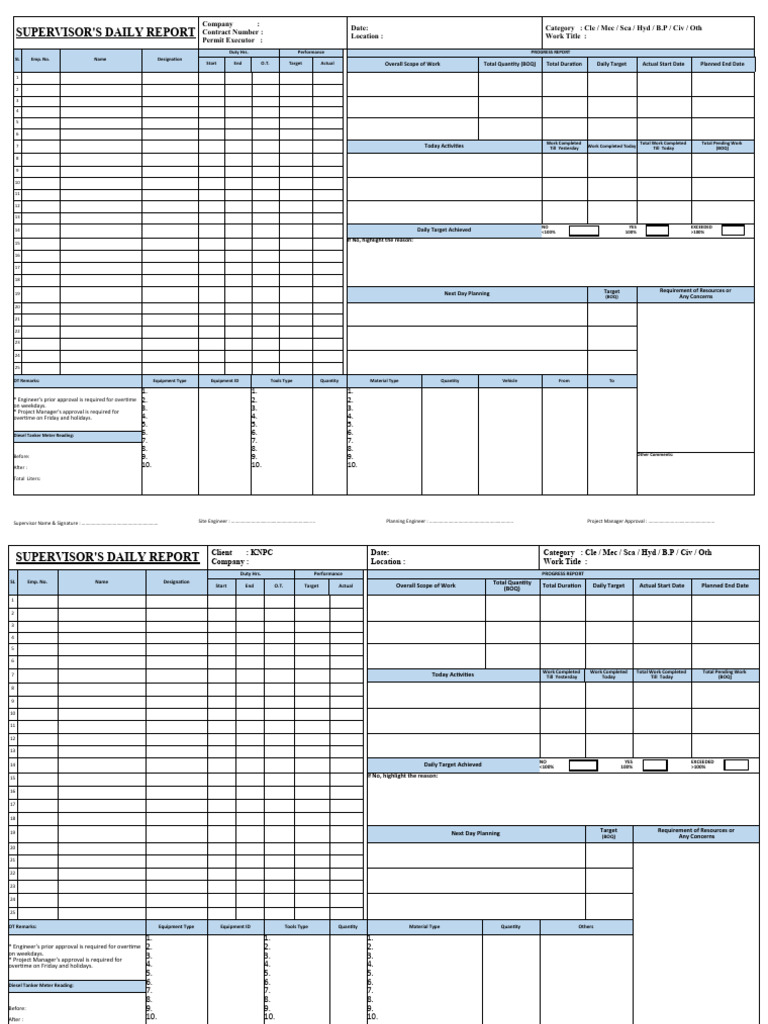 Supervisor Daily Report-Time Sheet-R5 - in Progress | PDF