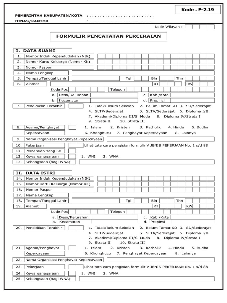 Formulir Pencatatan Perceraian Kode - F 2.19 Hal 1 | PDF