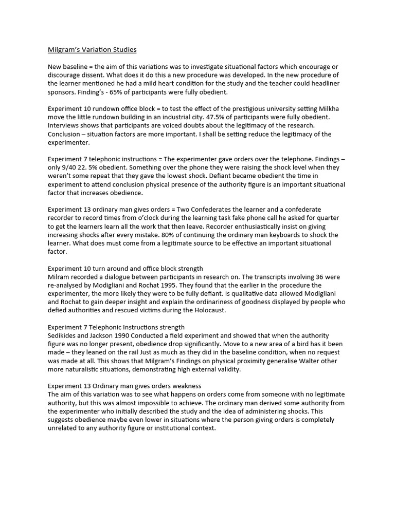 Milgrams Variation Studies | PDF | Obedience (Human Behavior) | Psychology