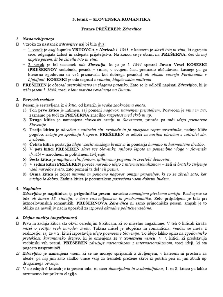 SLN. ROMANTIKA - PREŠEREN - Zdravljica | PDF