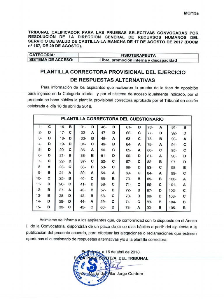 Plantilla Provisional Correctora Fisioterapeuta | PDF