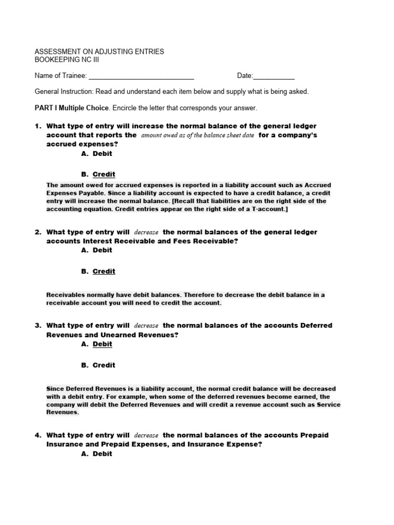 Adjusting Entries Assessment Guide | PDF | Debits And Credits | Deferral