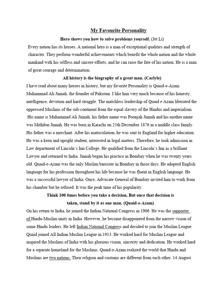 My Favourite Personality | PDF | Muhammad Ali Jinnah | All India Muslim ...