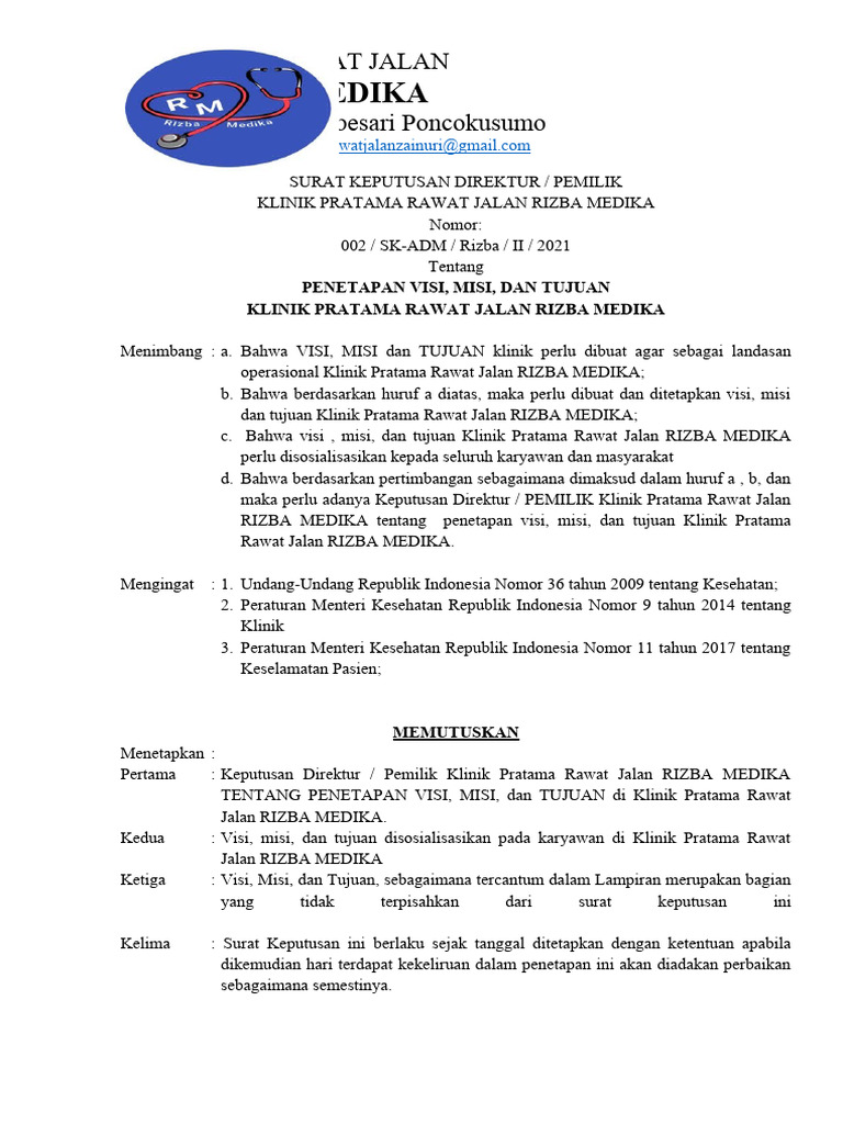 002 - SK-ADM - Rizba - II - 2021 TTG VISI MISI TUJUAN RIZBA MEDIKA | PDF