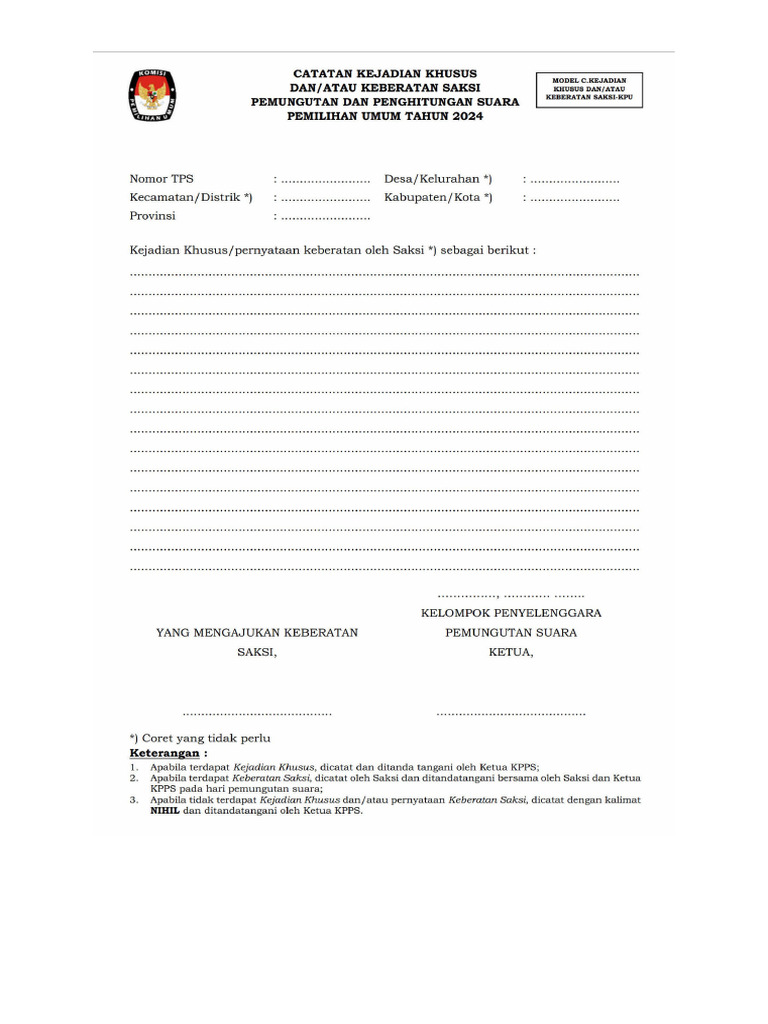 Model C. Kejadian Khusus Dan Atau Keberatan Saksi-Kpu | PDF