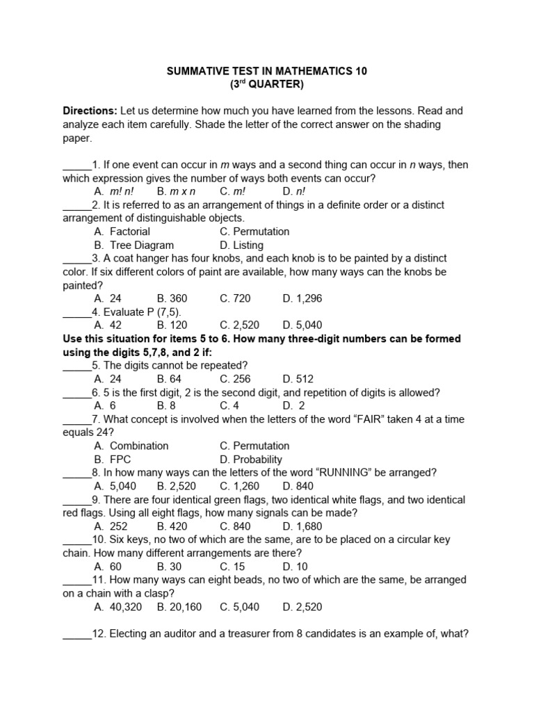 Summative Test in Mathematics 10 | PDF