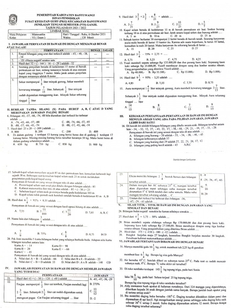 Soal PTS Ganjil - MTK Kelas 6 Tahun 2021 | PDF