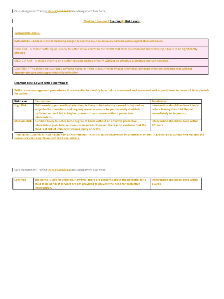 Module E Session 1 Exercise 3 Handout 2 | PDF | Risk | Child Protection