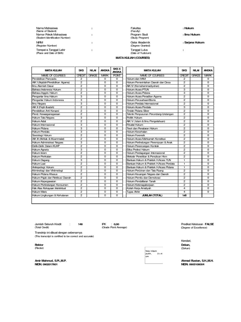 Blangko Transkrip Nilai | PDF