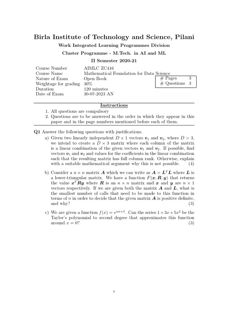QP MFML Midsem | PDF | Matrix (Mathematics) | Linearity